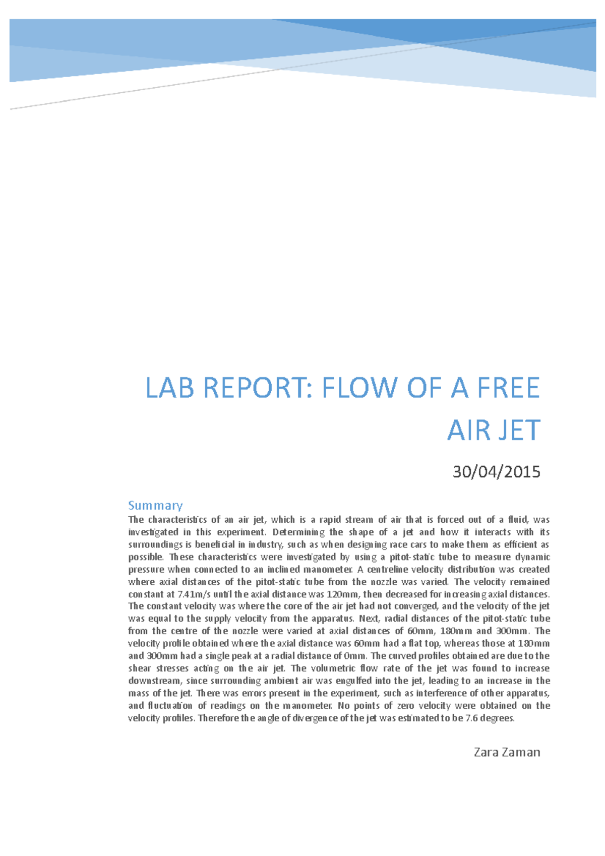 Lab Report: Characteristics of Air Jet Dynamics (Course Code: AJ101 ...