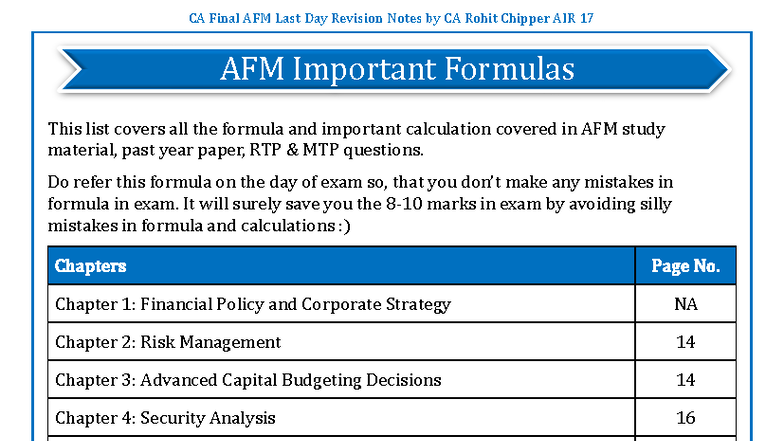 CA Final AFM Important Formulas Last Day Revision Notes by Rohit ...