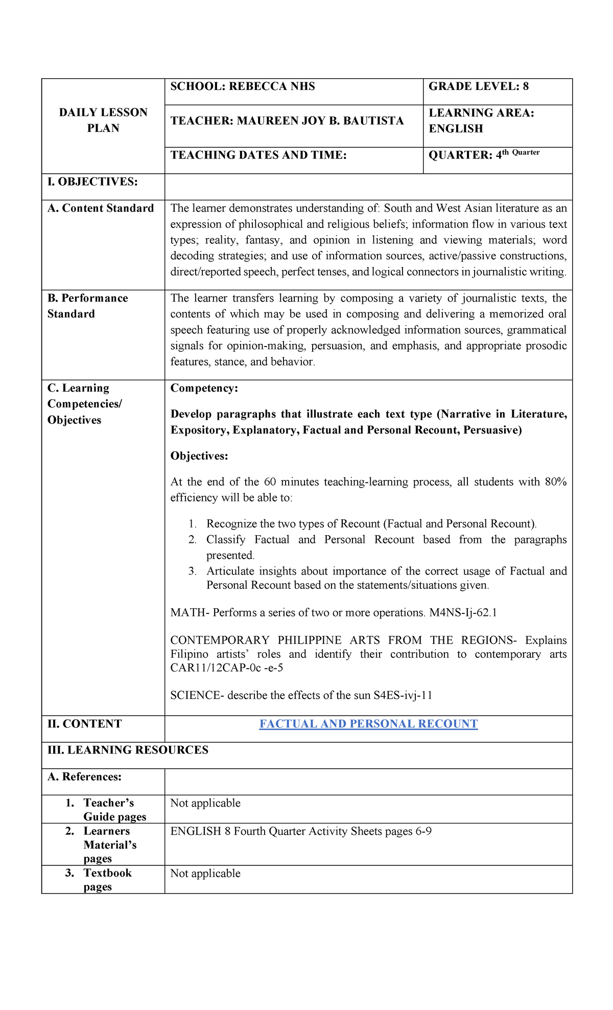 DAILY LESSON PLAN: ENGLISH 8 - RECOUNT TYPES & OBJECTIVES - Studocu