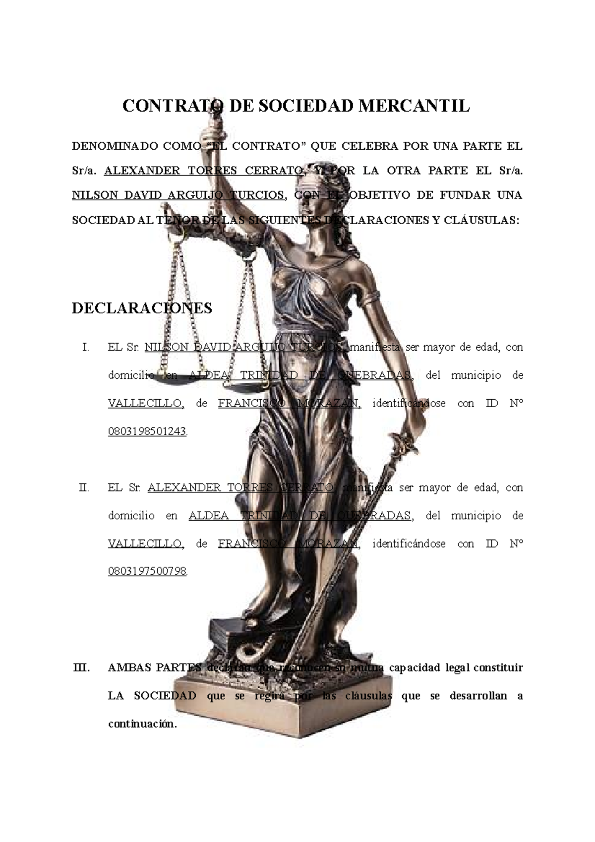 Formato del Contrato de Sociedad Mercantil - CONTRATO DE SOCIEDAD MERCANTIL DENOMINADO COMO “EL ...