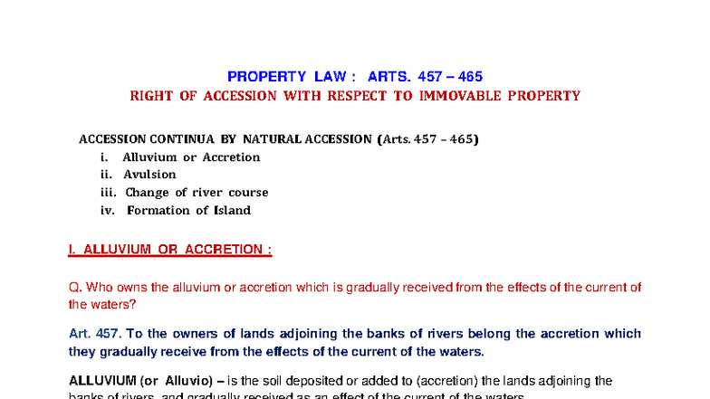 PROPERTY LAW: ARTS. 457-465 ON ACCRETION AND AVULSION IN IMMOVABLE ...