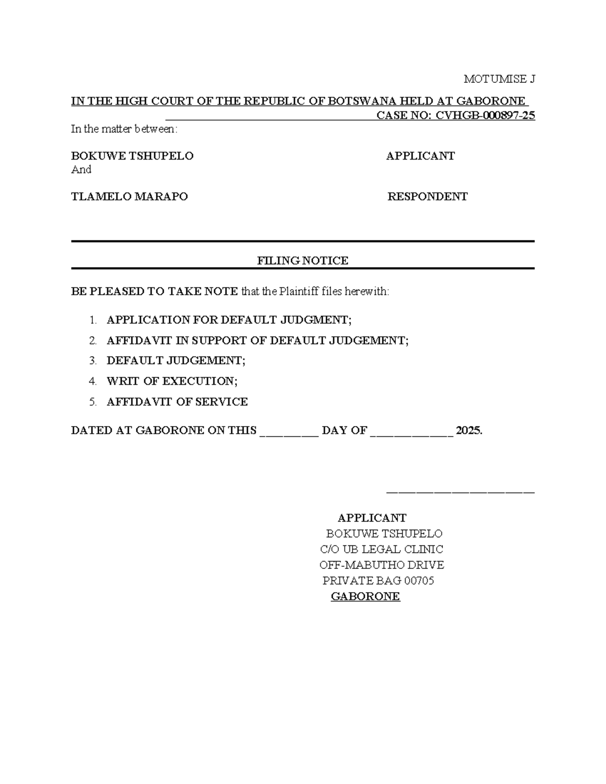 Tshupelo vs Marapo: Default Judgement Application - Case No. [Insert ...