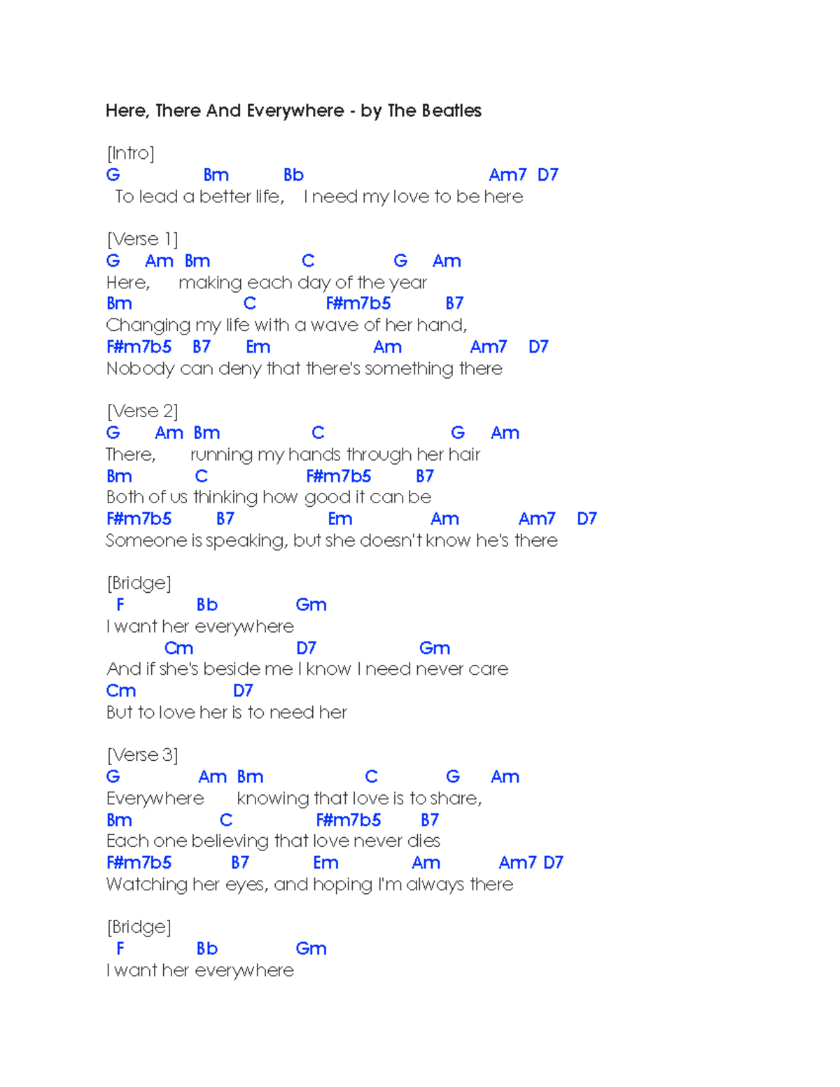 Here, There and Everywhere - The Beatles Chords & Lyrics - Studocu