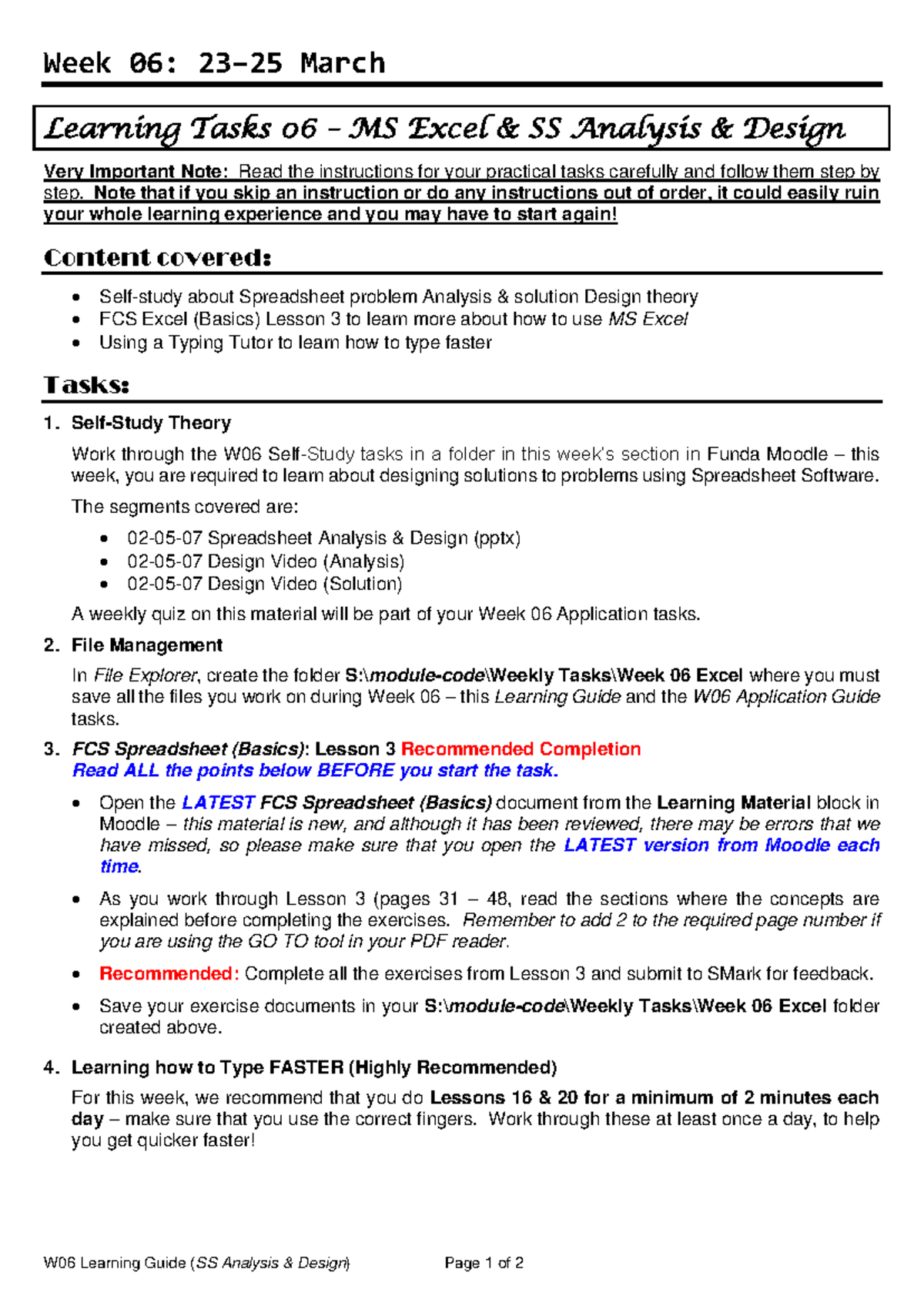 W06: MS Excel SS Analysis & Design Learning Tasks Guide - Studocu