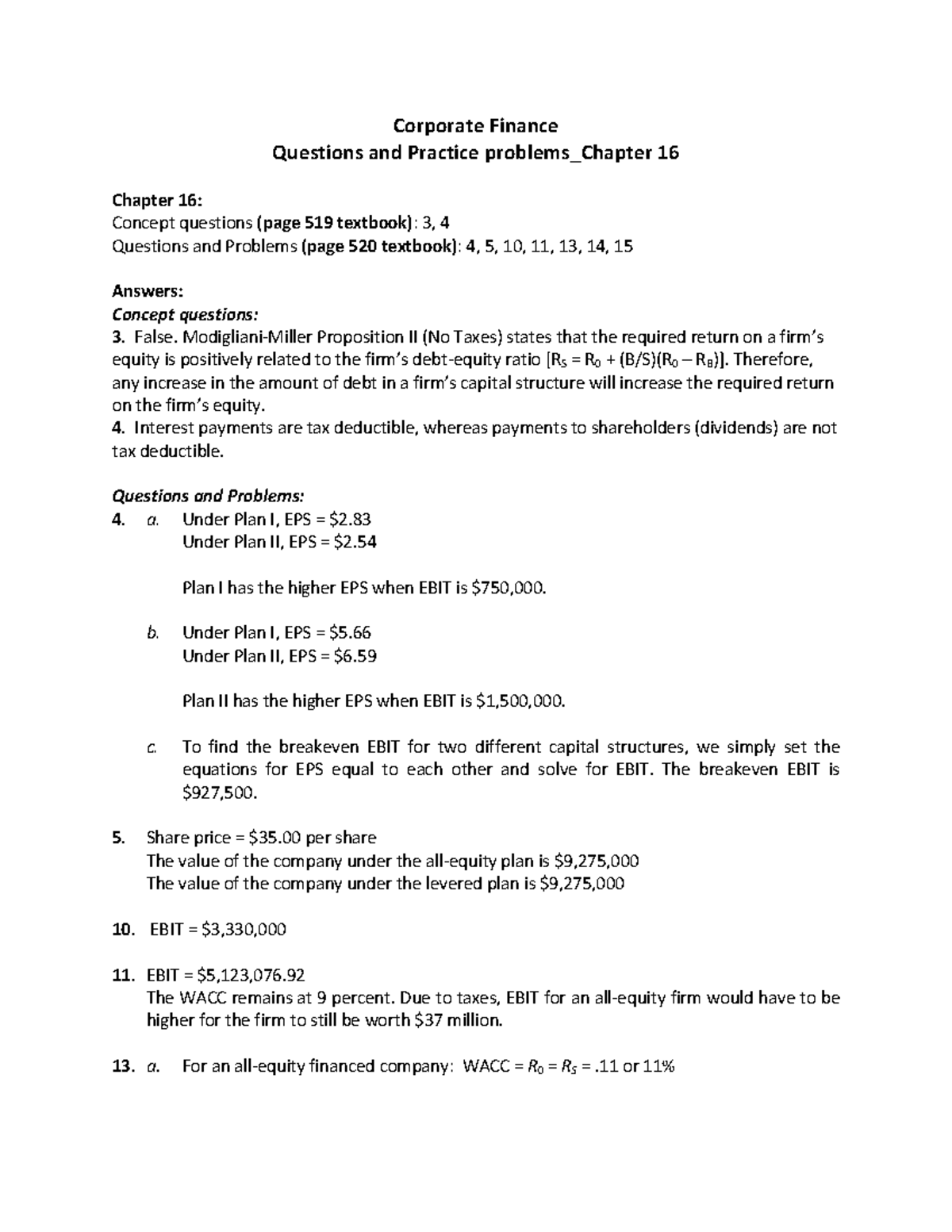 Answers CF Questions and Practice problems Chapter 16 - Corporate ...