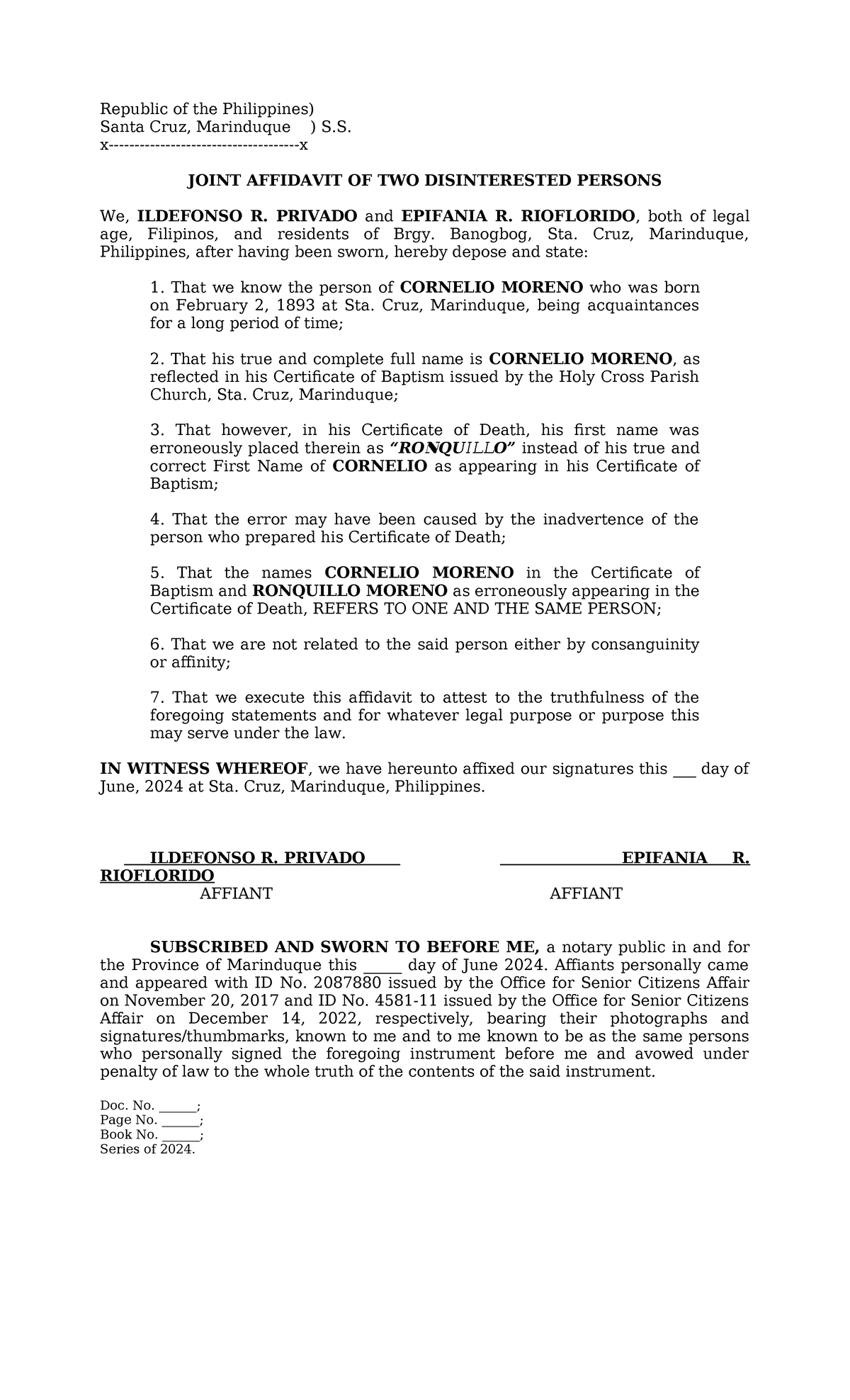 Joint Affidavit of 2 Disinterested Persons - Legal Document Template ...
