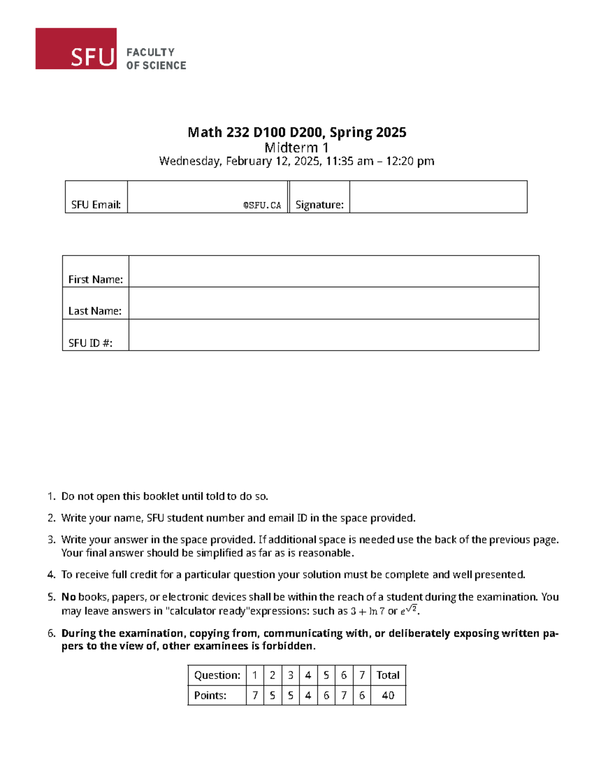 Math 232 D100 D200, Spring 2025 Midterm 1 exam booklet - Studocu
