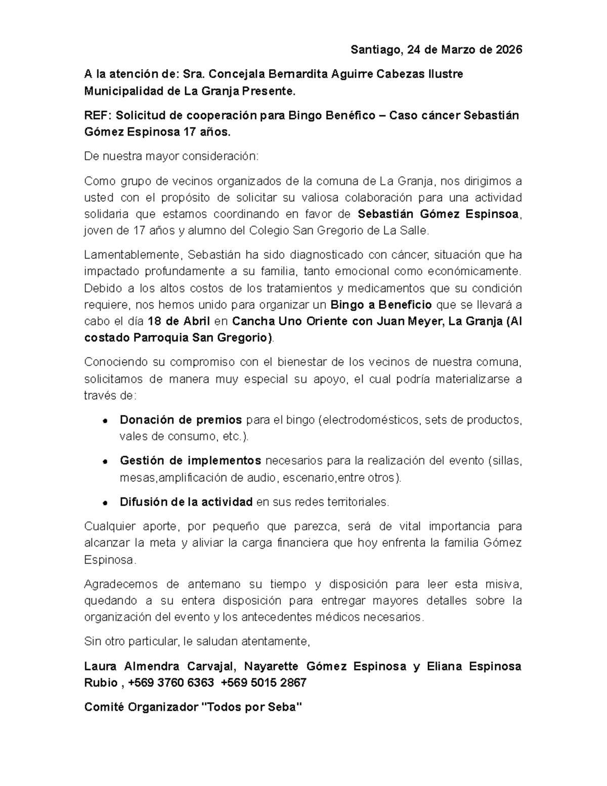 Solicitud de Cooperación para Bingo Benéfico a Sra. Concejala - Studocu