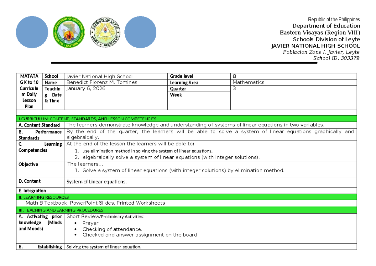 MAT 8 Daily Lesson Plan: Solving Linear Equations Using Elimination ...