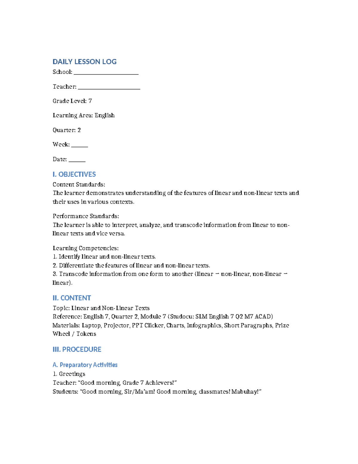 DLL English 7: Understanding Linear & Nonlinear Texts - Studocu