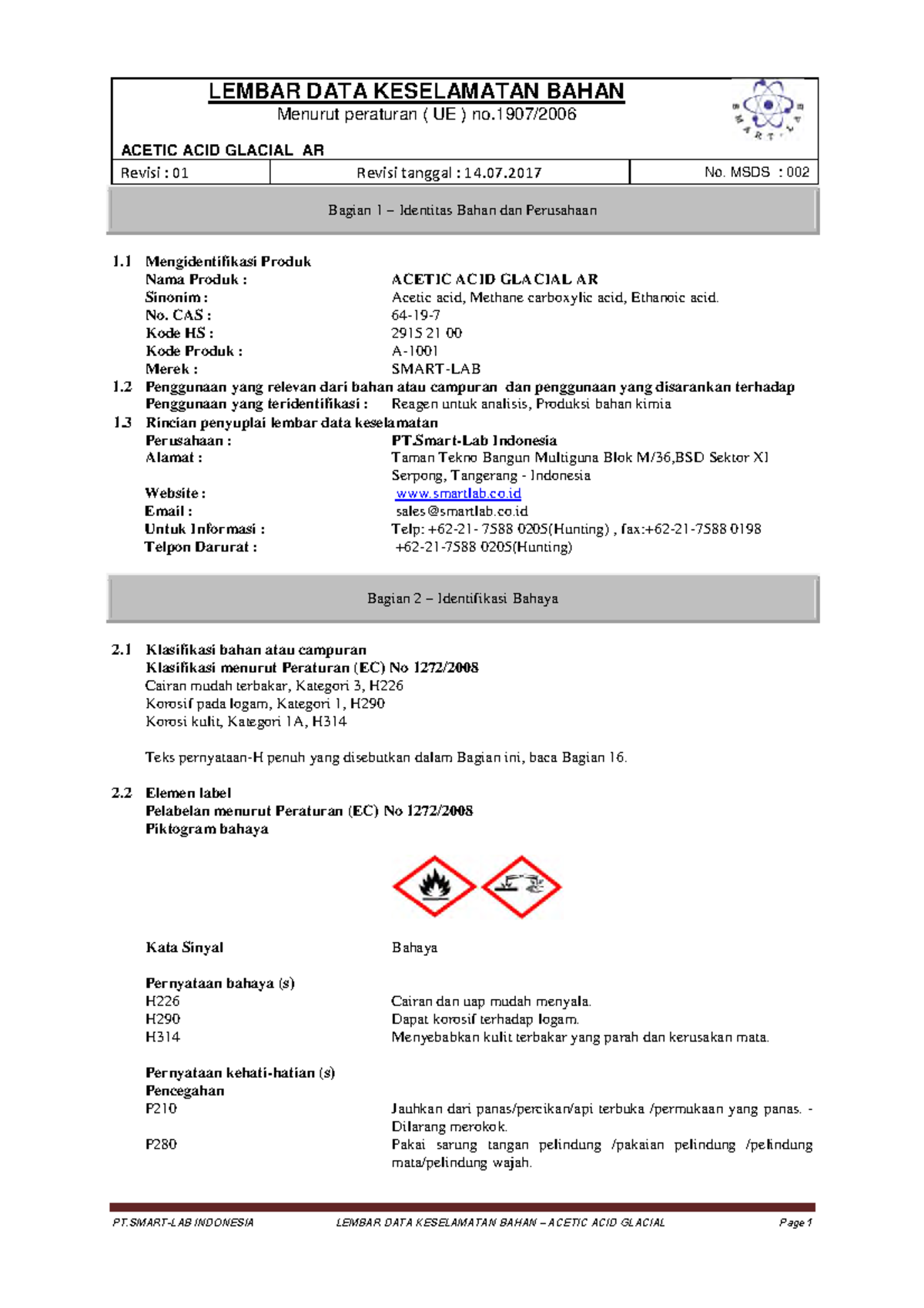 MSDS ACETIC ACID GLACIAL AR: Data Keselamatan Bahan dan Penggunaan ...