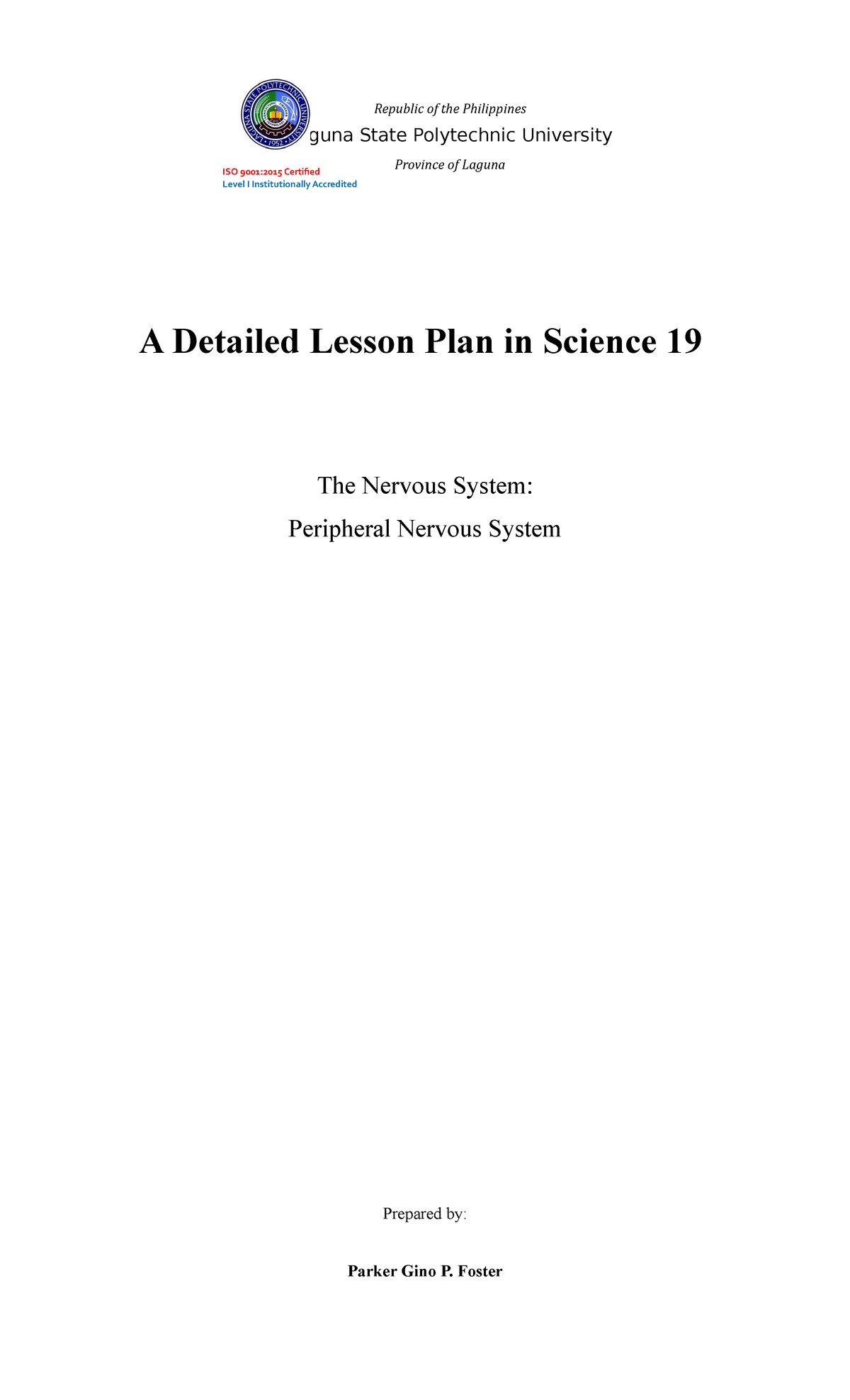 Detailed Lesson Plan: Understanding the Nervous System (Sci 19) - Studocu