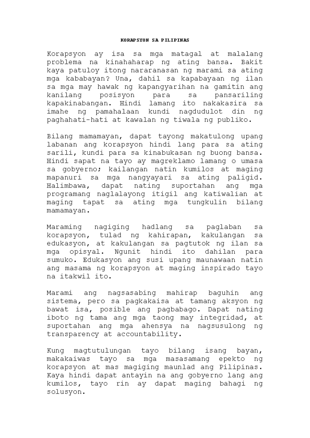 KORAPSYON SA PILIPINAS: Pagsusuri at Solusyon sa Isyu ng Katiwalian - Studocu