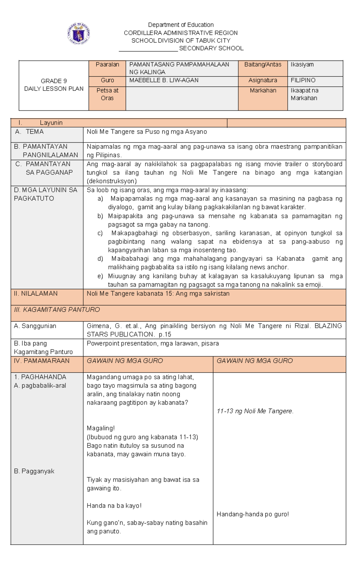 GRADE 9 FILIPINO DAILY LESSON PLAN: Noli Me Tangere Kabanata 15 - Studocu