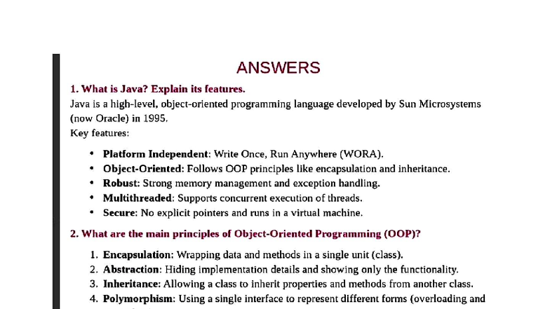 OOP Concepts and Java Fundamentals - Important Questions (CS101) - Studocu