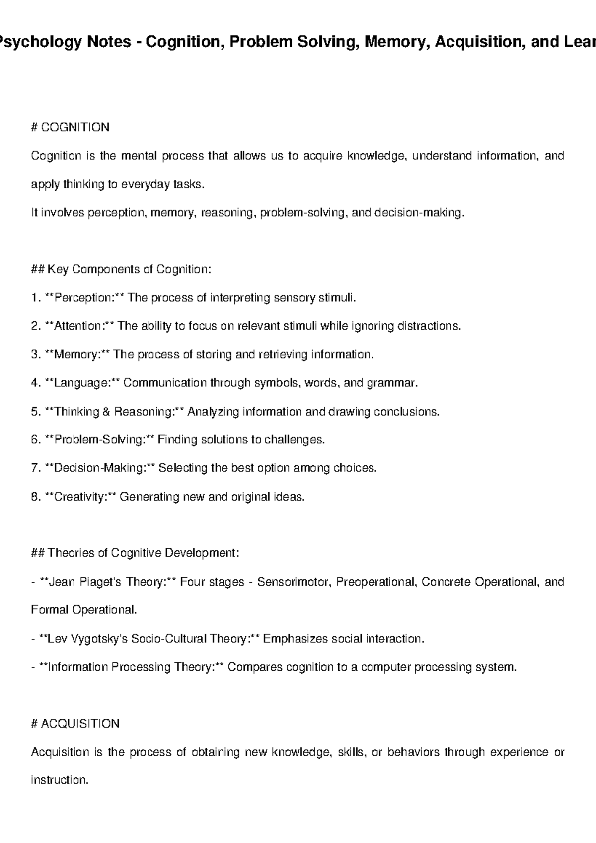 Psychology Notes - ....... ... - Cognition, Problem Solving, Memory ...