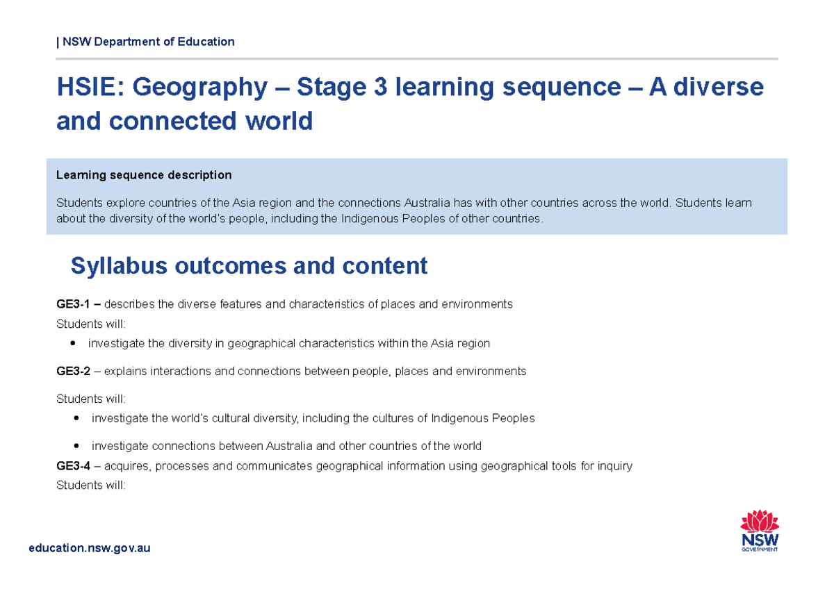 Geography s3 learning sequence a diverse and connected world - | NSW ...