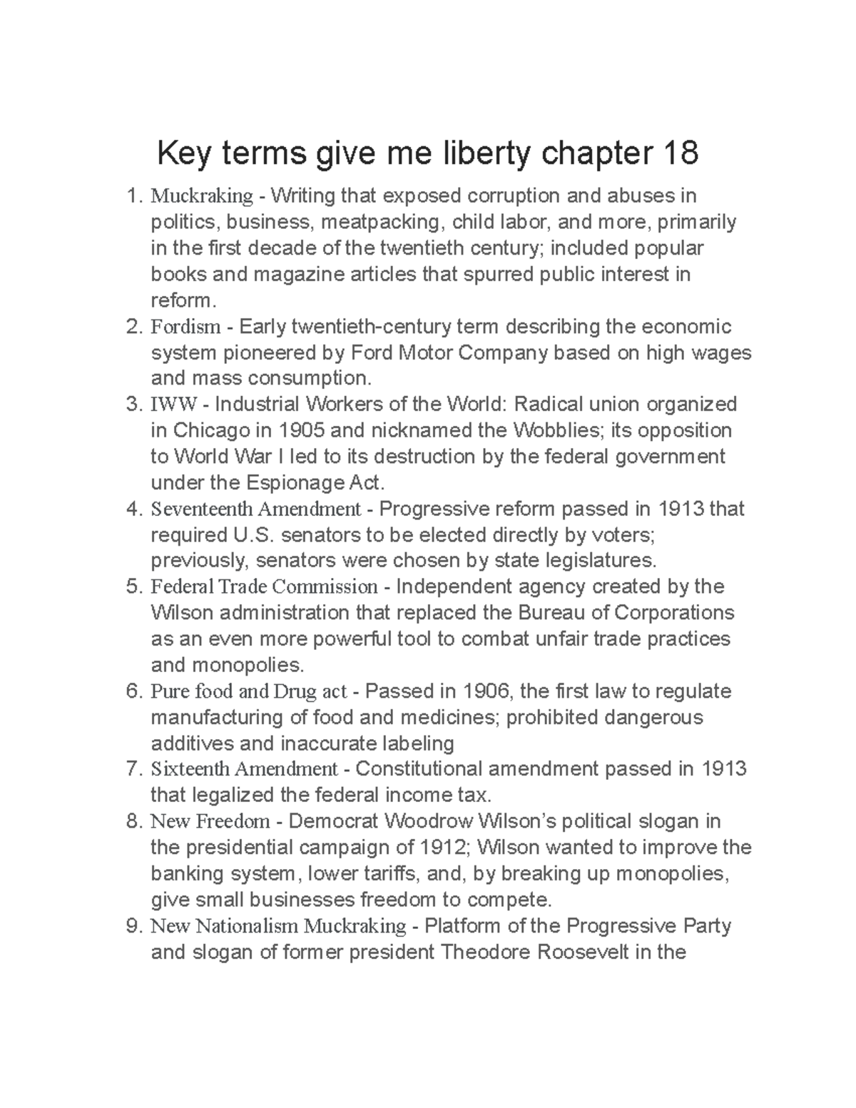 Key terms chap 18 - Key terms give me liberty chapter 18 Muckraking ...