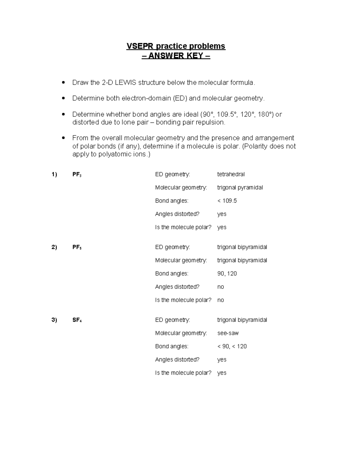VSEPR Practice Problems & Answer Key: Geometry and Polarity Insights ...