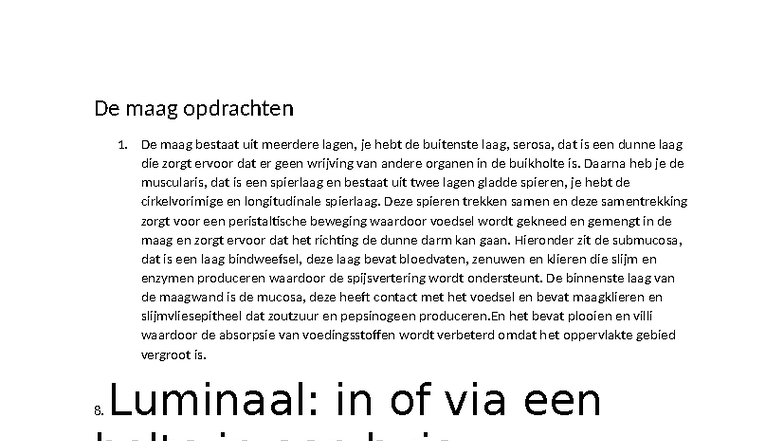 De maag: Werkcollege 1 Inleiding Anatomie en Functies - Studeersnel