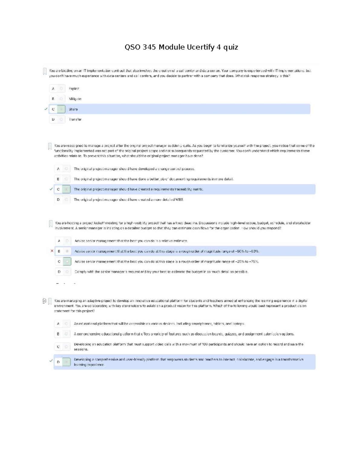 QSO 345 Module Ucertify 4 Quiz: IT Implementation & Project Management ...