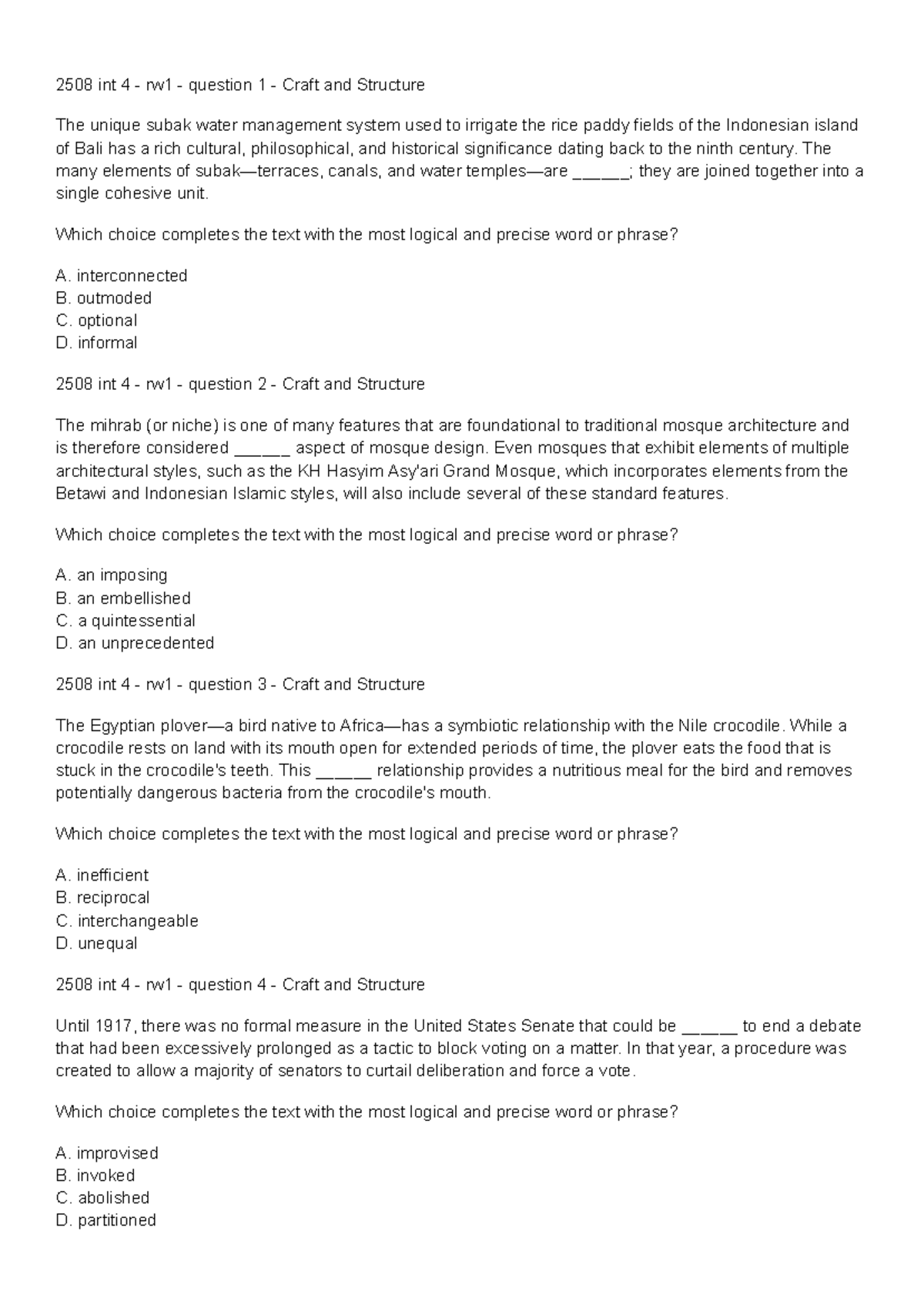 2508 INT 4 SAT: Craft and Structure Questions and Analysis - Studocu