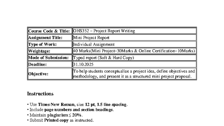 OHS352 Project Report Writing: Mini Project Assignment II - Studocu