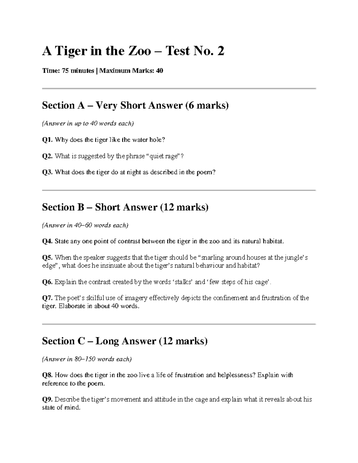 A Tiger in the Zoo Test 2 - School Assessment - Studocu