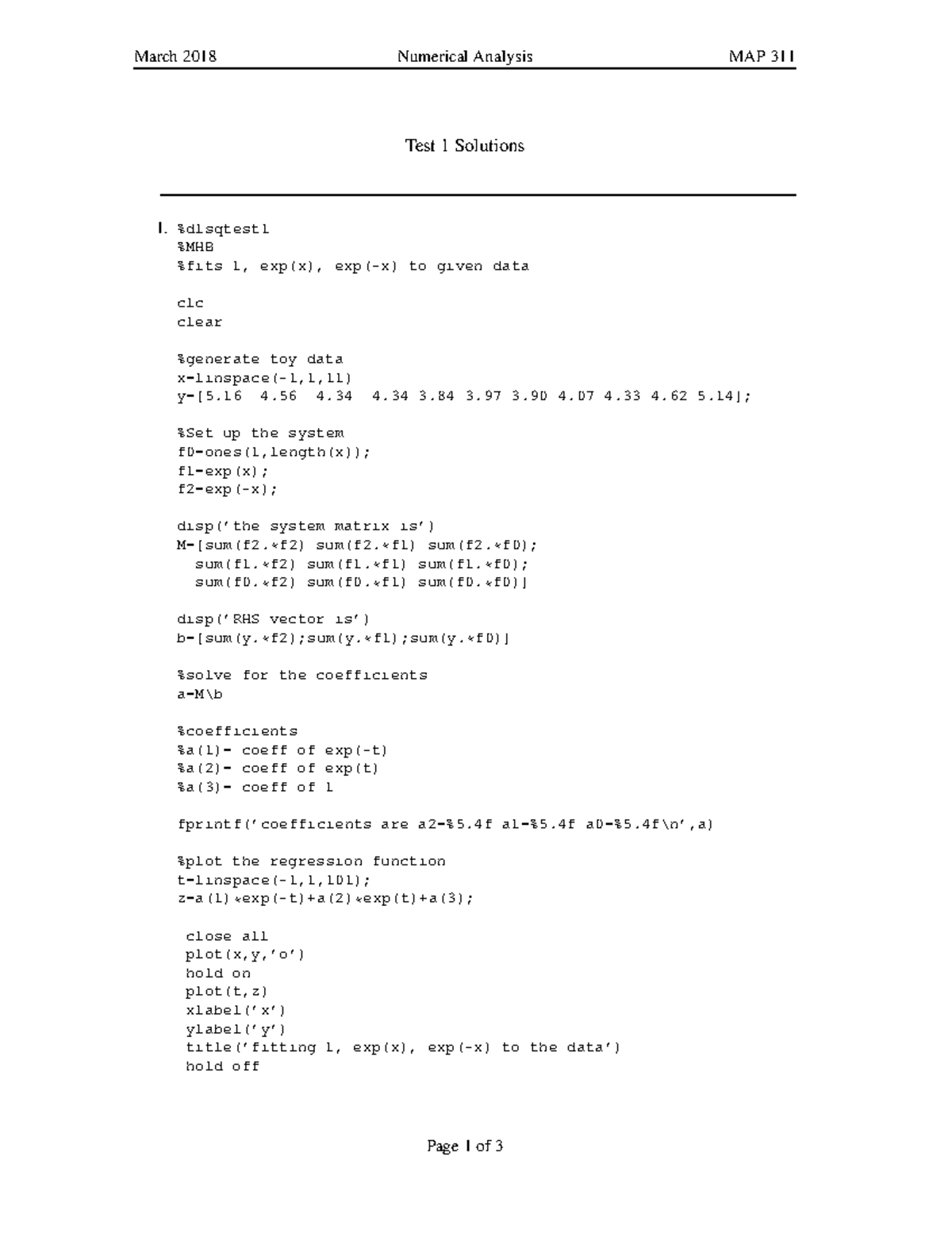 2018 Test1Solutions - (MAP 311) - March 2018 Numerical Analysis MAP 311 ...