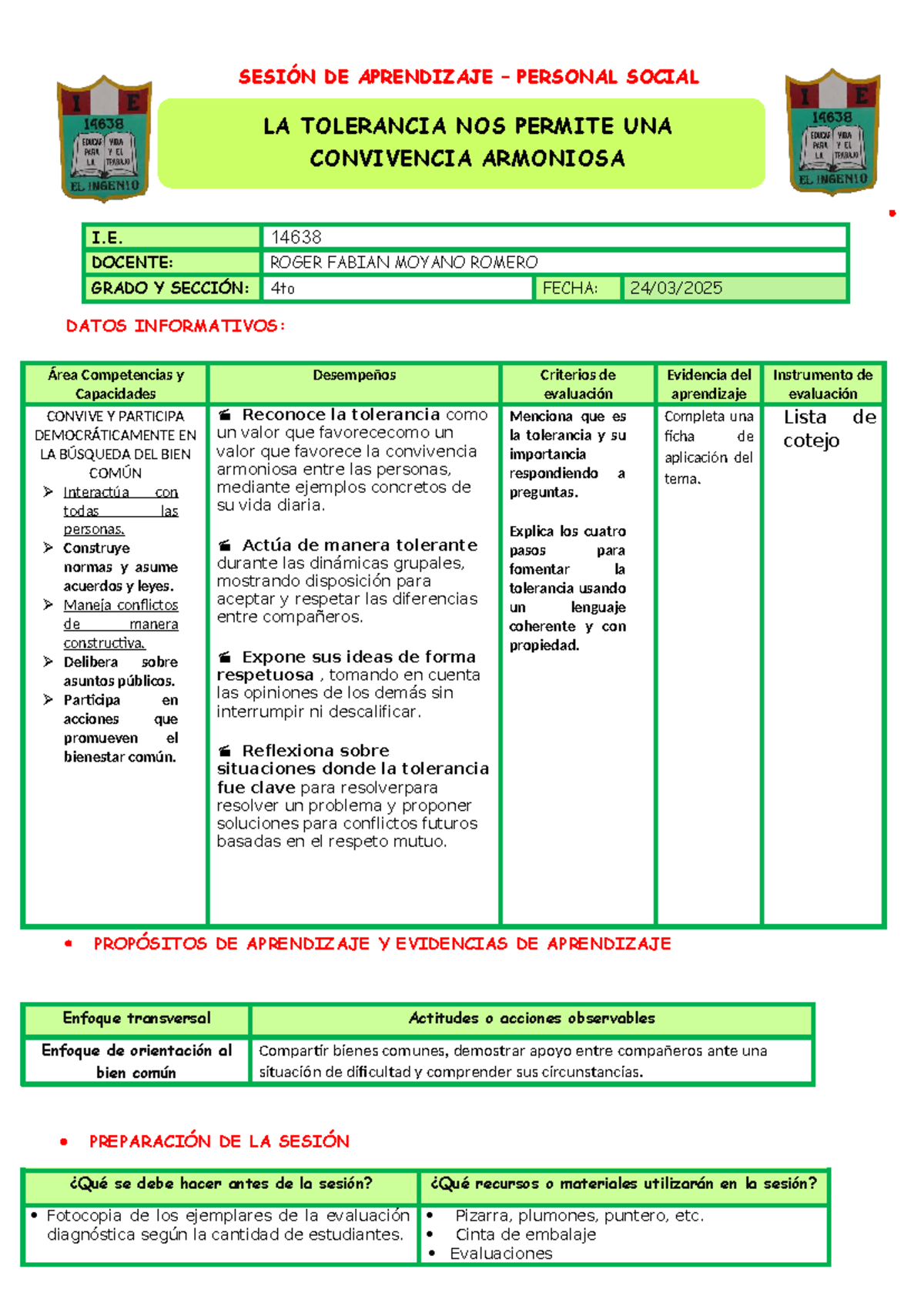Sesión de Aprendizaje: Fomentando la Tolerancia en Personal Social ...