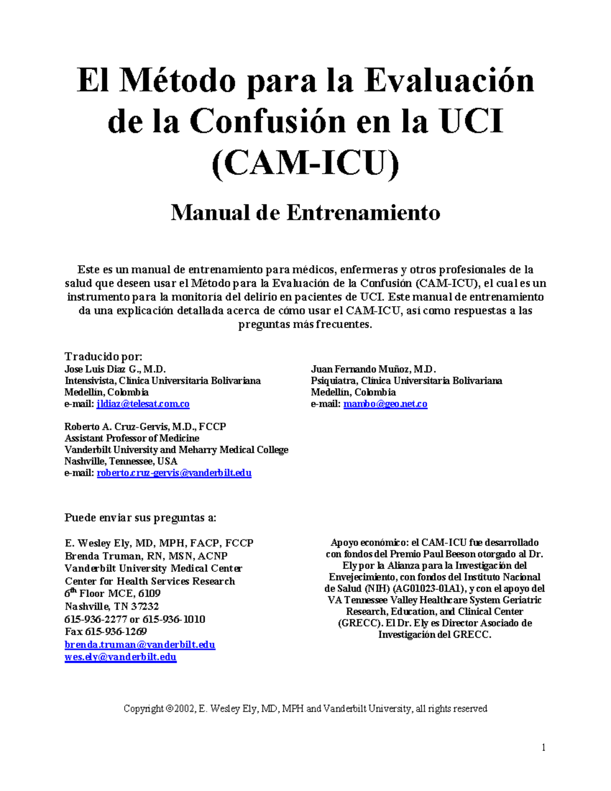 Manual de Entrenamiento CAM-ICU para Evaluación del Delirio - Studocu