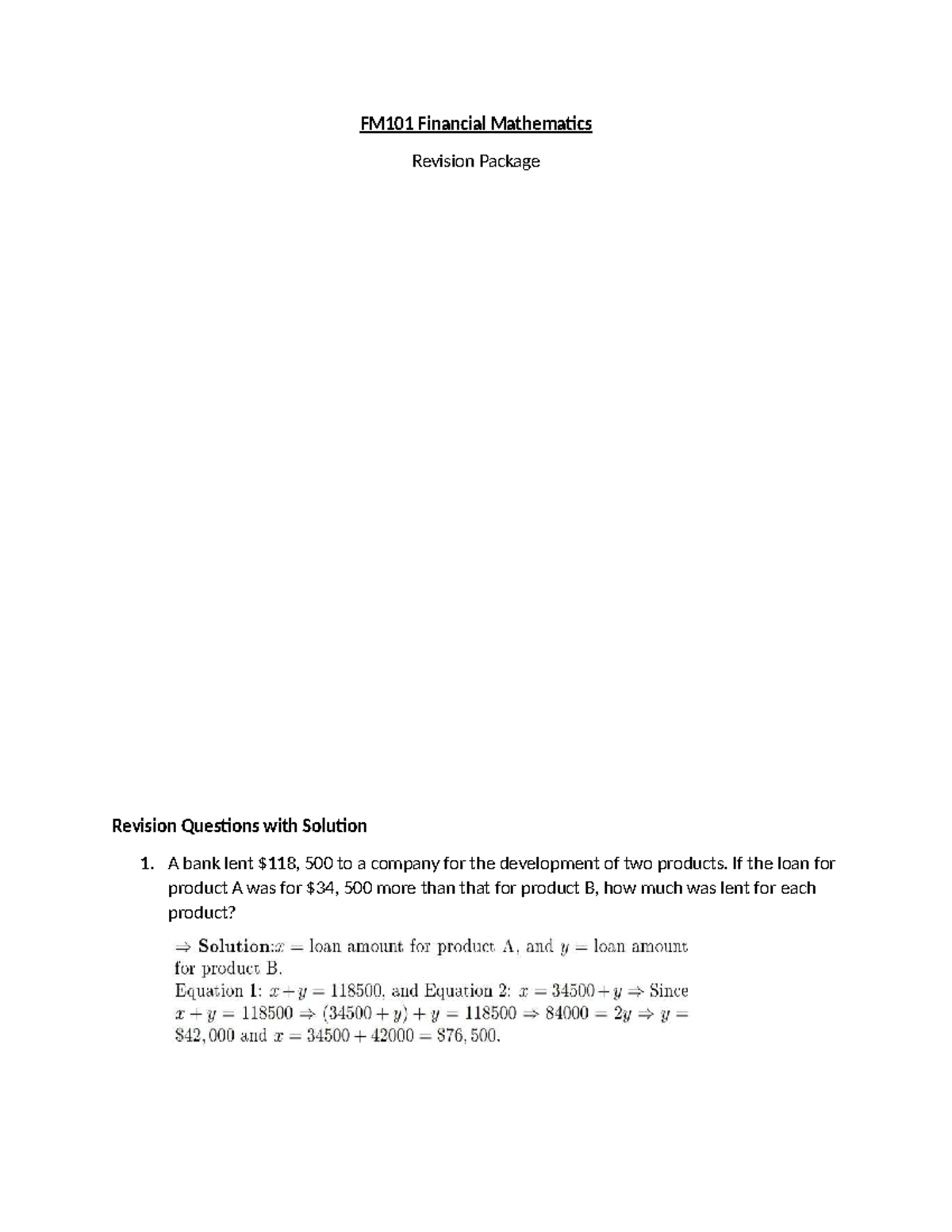 FM101 Financial Mathematics Revision Questions & Solutions - Studocu