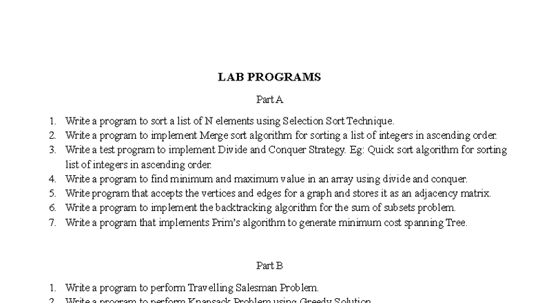 Lab Programs - ADA: Sorting & Graph Algorithms Techniques - Studocu