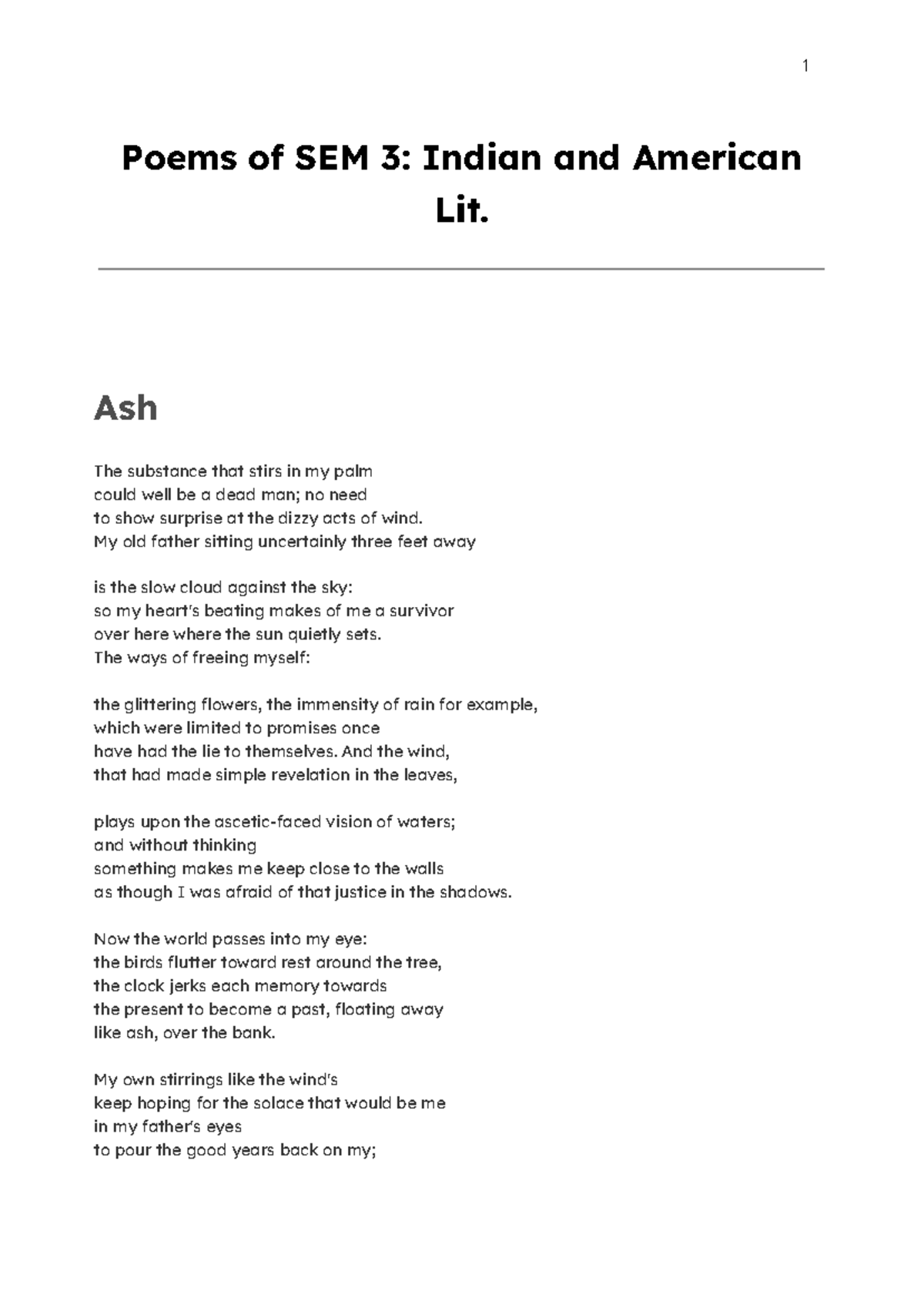 Poems of SEM 3: Indian and American Literature (Final Exam) - Studocu