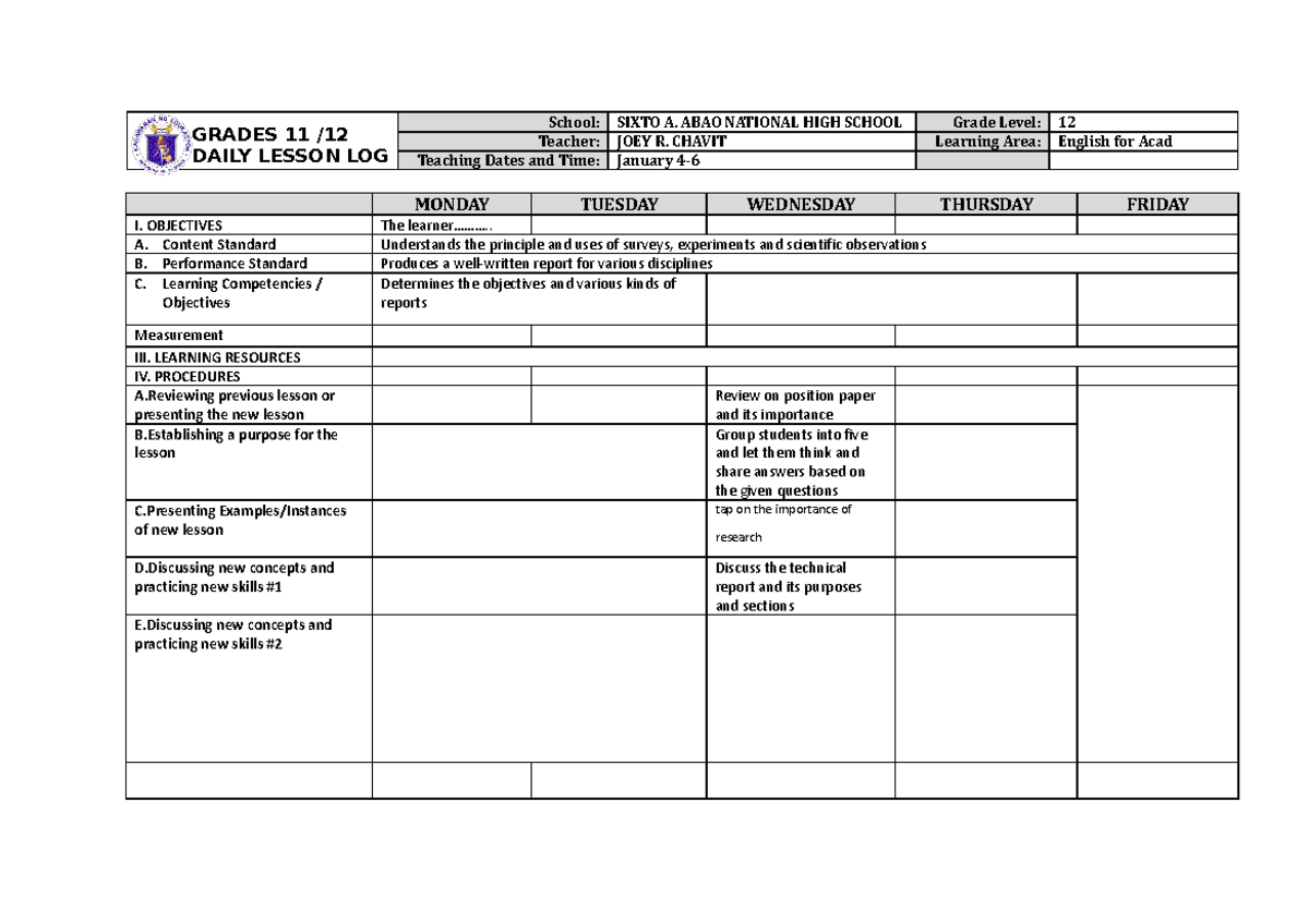 DLL EAPP: Technical Report Preparation Daily Lesson Log - Studocu