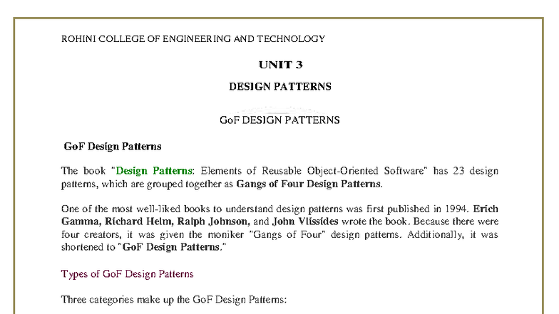 ROHINI COLLEGE OF ENGINEERING AND TECHNOLOGY UNIT 3: GoF Design ...