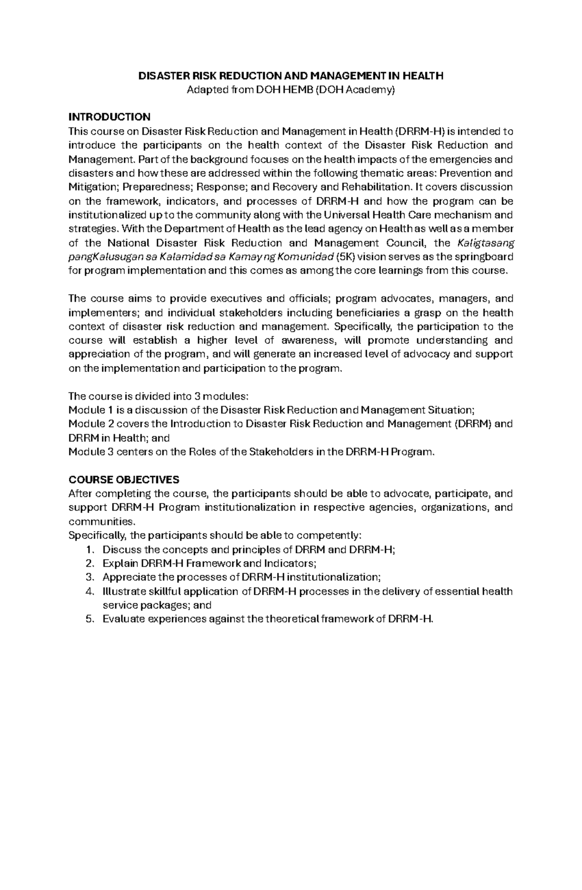 Disaster Risk Reduction and Management in Health (DRRM-H) Course ...