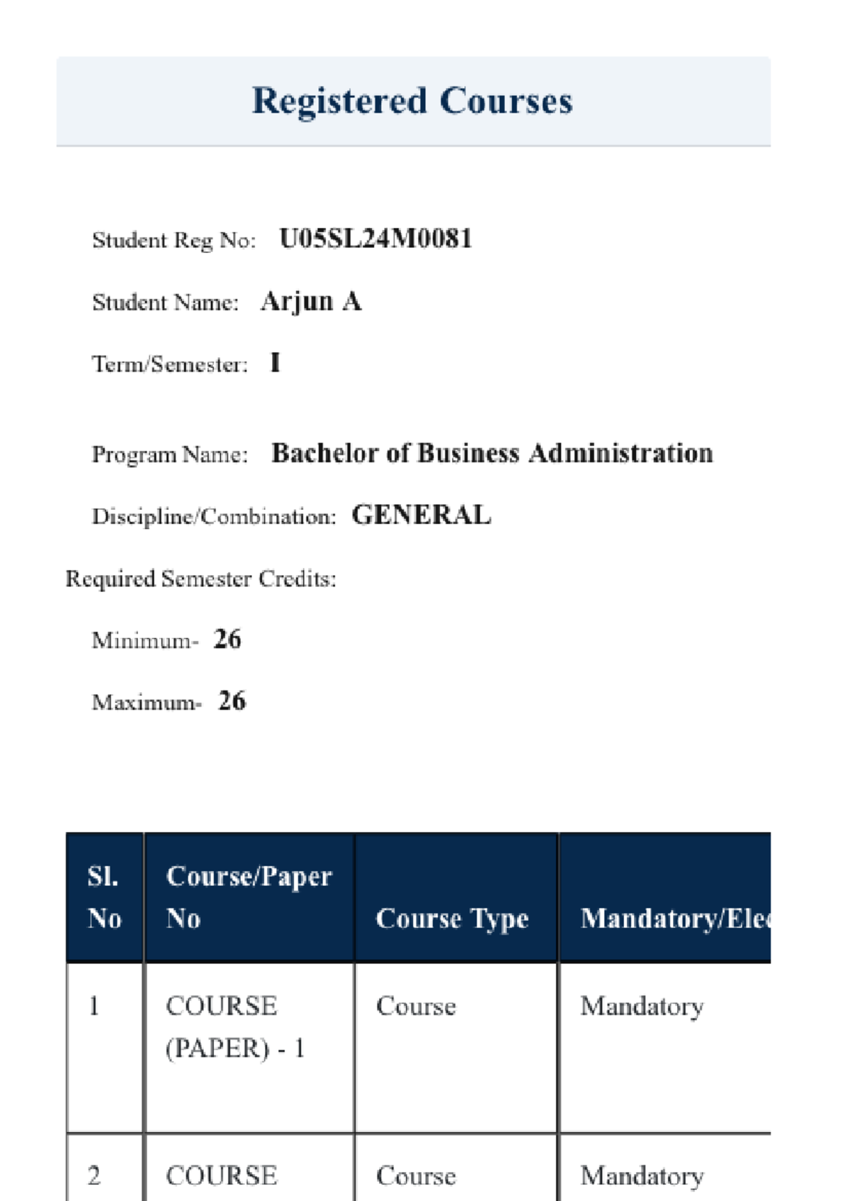 Student Internal Assessment Marks - BBA Degree - Registered Courses ...