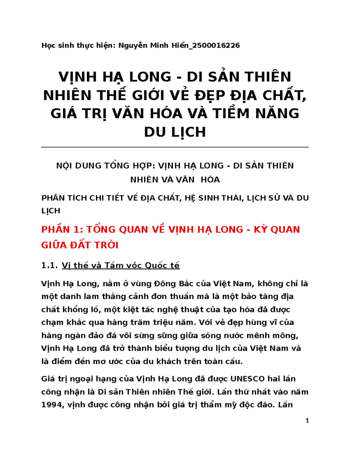 Tổng Hợp Về Vịnh Hạ Long: Di Sản Thiên Nhiên Thế Giới - Studocu