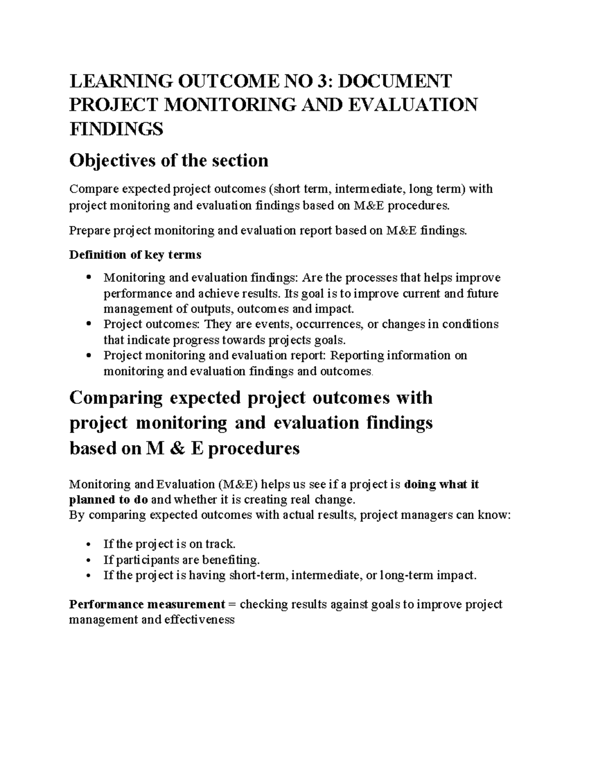 LO3: Project Monitoring & Evaluation Findings Report - Studocu