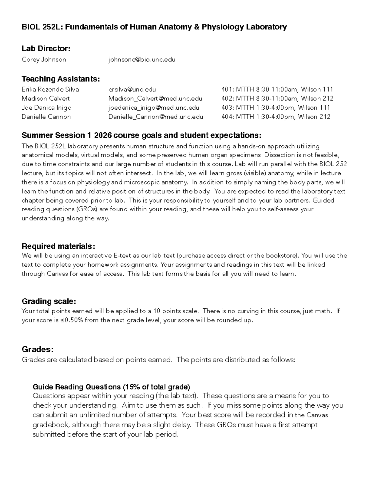 2026 SS1 BIOL 252L: Human Anatomy Physiology Lab Syllabus - Studocu