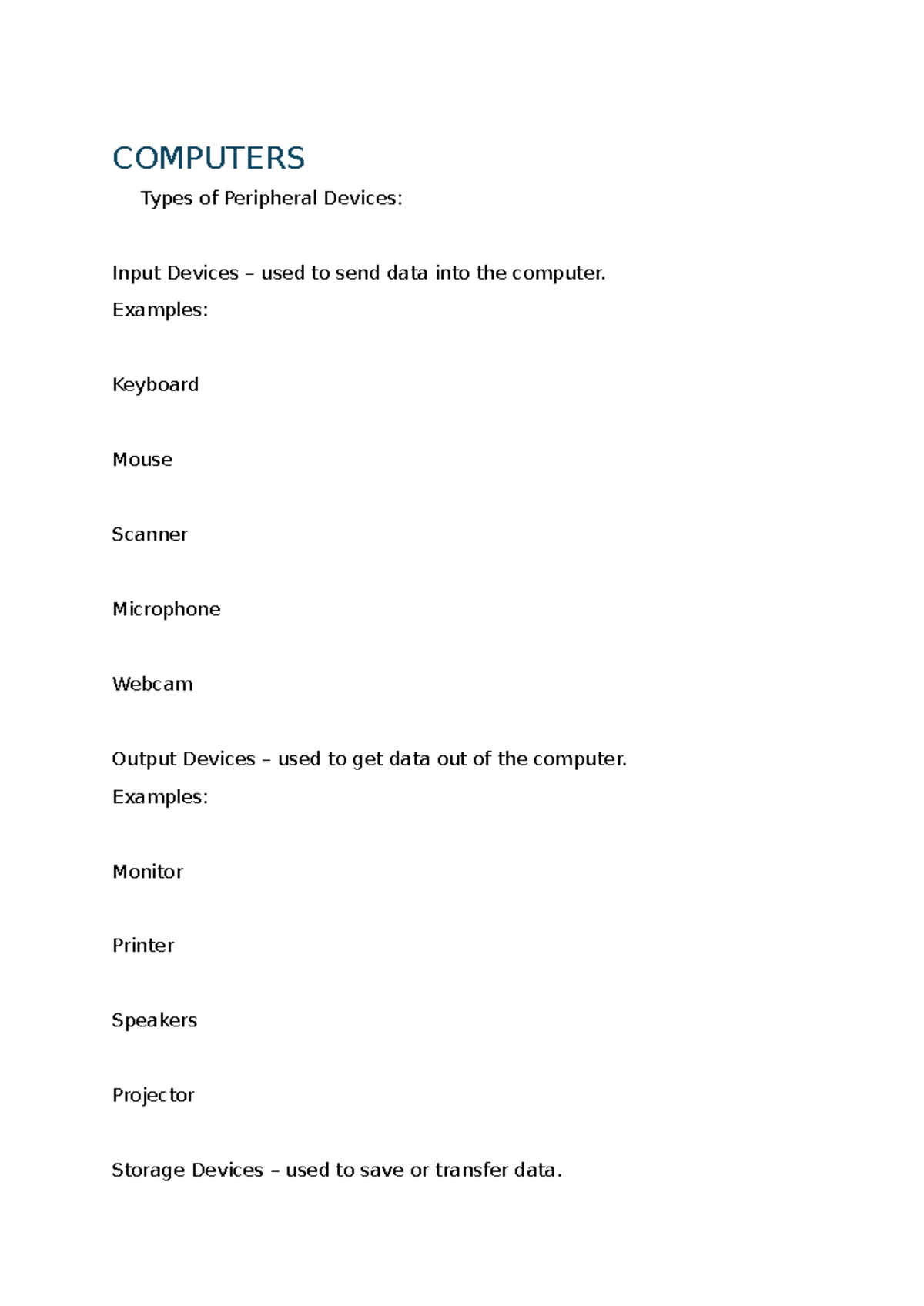 COMPUTERS Types of Peripheral Devices: Input, Output, and Storage - Studocu