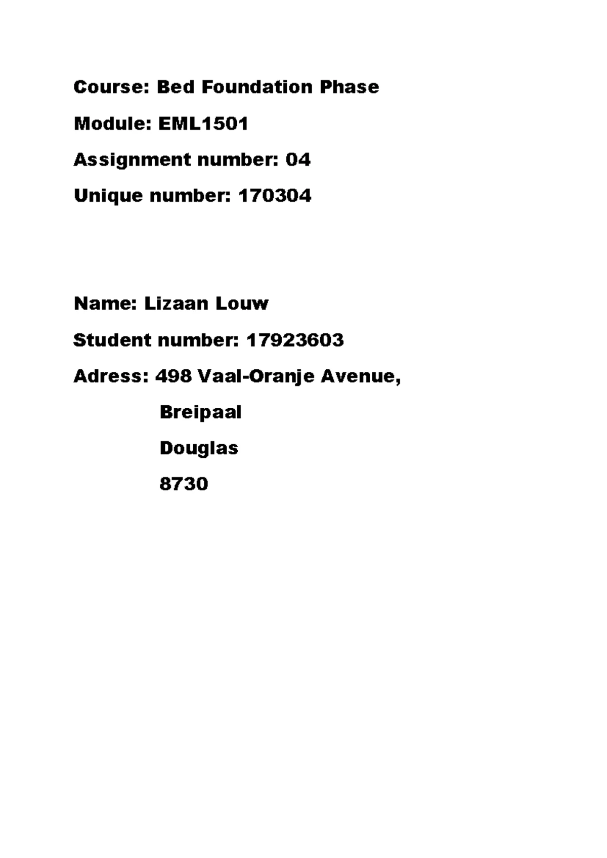 EML 1501 ASS 2 - ASSIGNMENT 2 - LUANDI ZWARTS EML STUDENT NUMBER ...