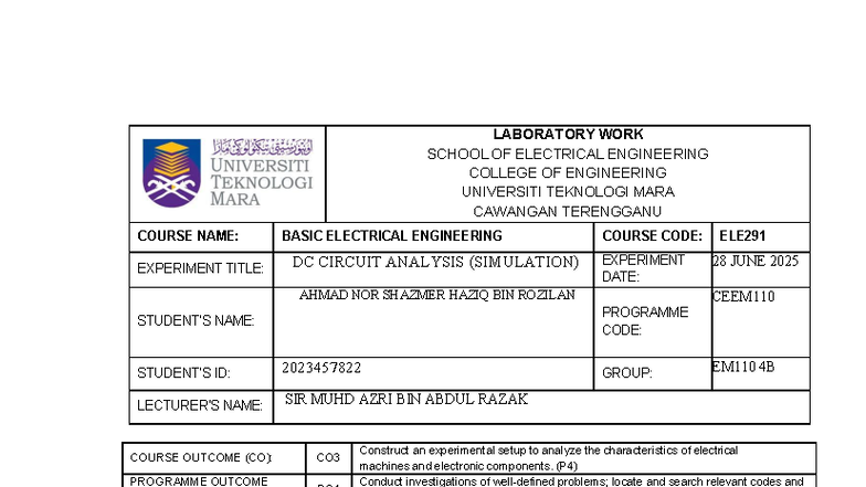 ELE291 Basic Electrical Engineering: DC Circuit Analysis Lab Report - Studocu