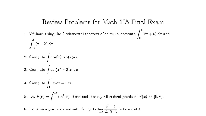 Math 135 Final Exam Review Problems and Solutions - Studocu
