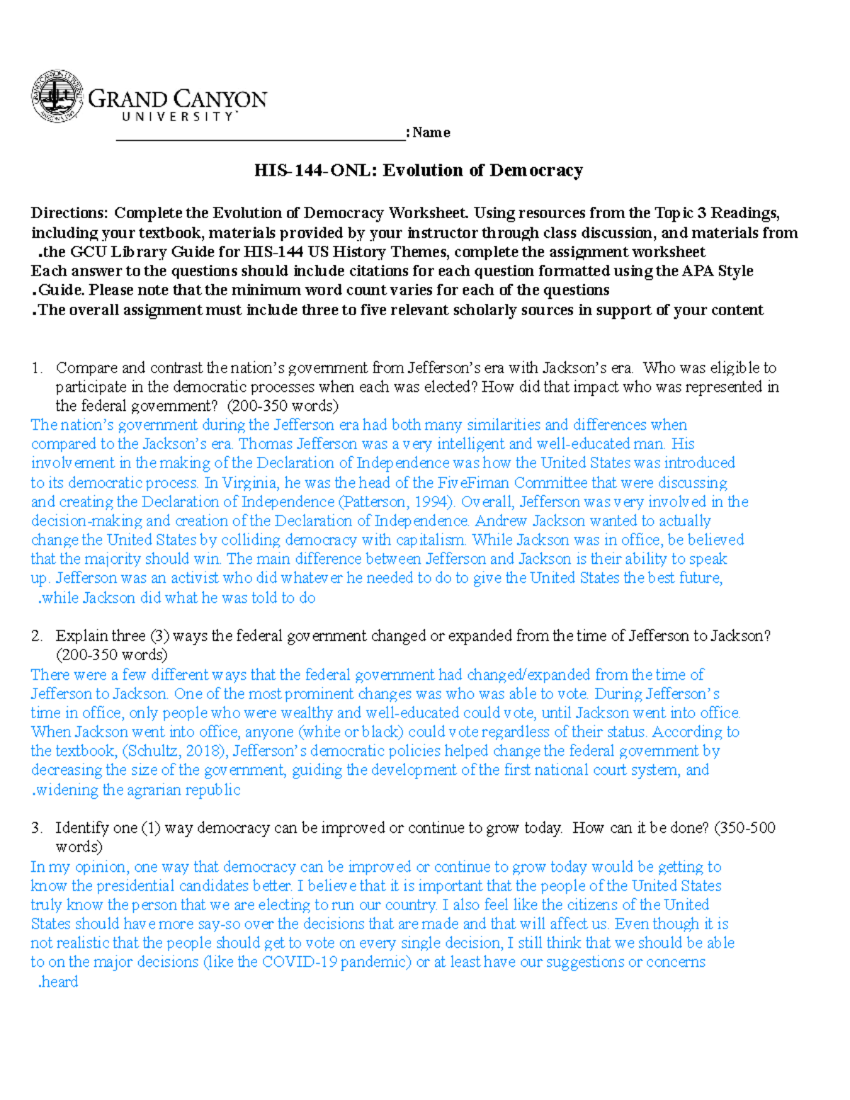 HIS144 - Worksheet on the Evolution of Democracy: Jefferson to Jackson ...