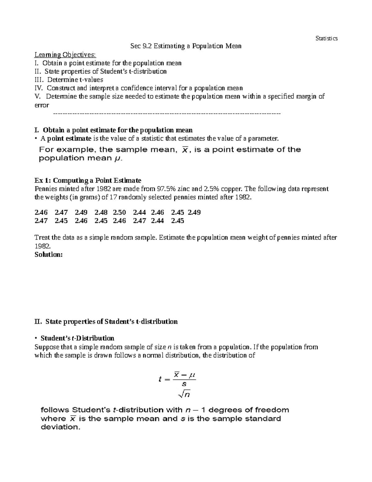 Statistics Sec 9.2: Estimating a Population Mean - Studocu