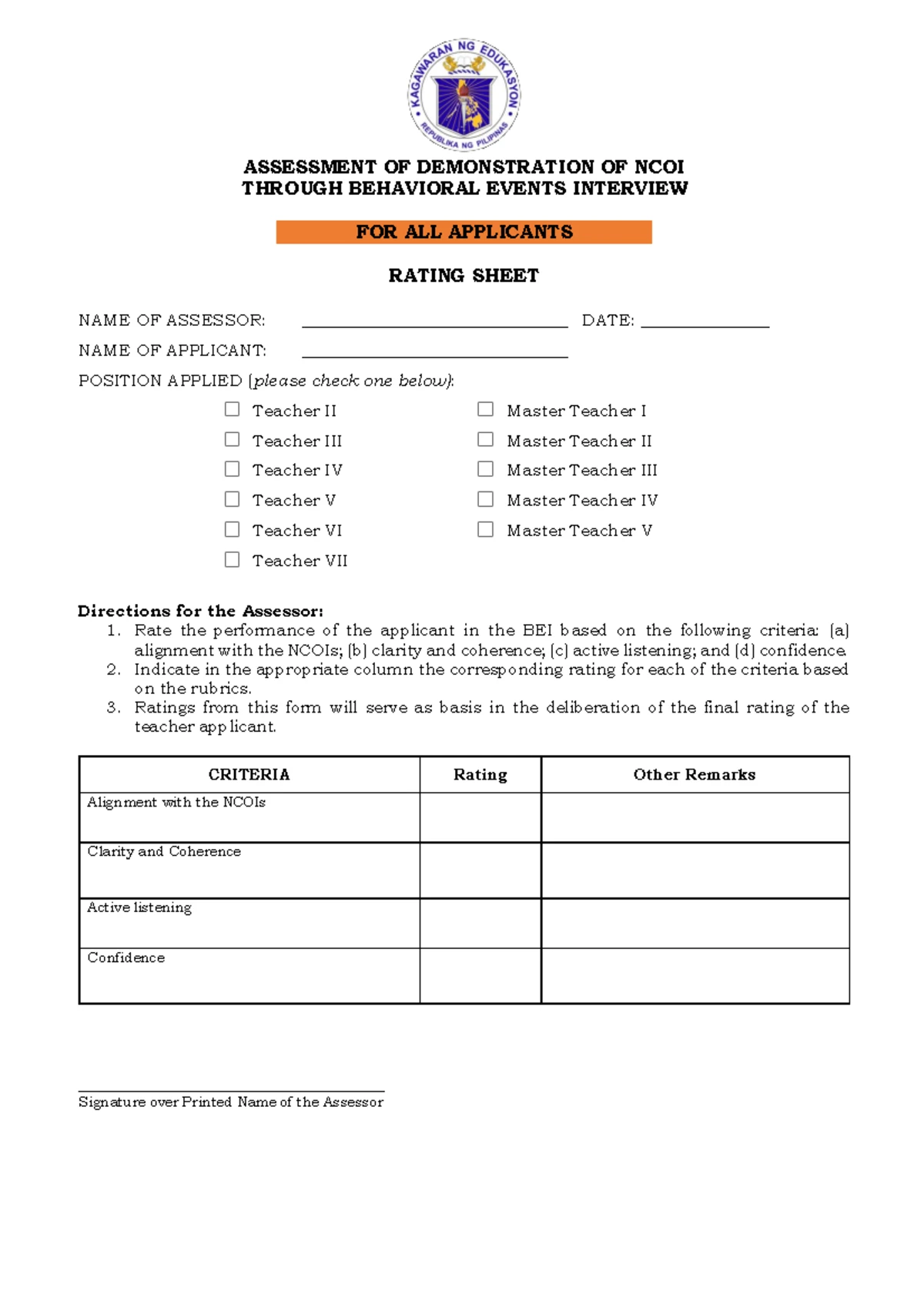 COT Teacher III Applicant Rating Sheet and Observation Tool - Studocu