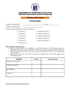 COT Teacher III Applicant Rating Sheet and Observation Tool - Studocu