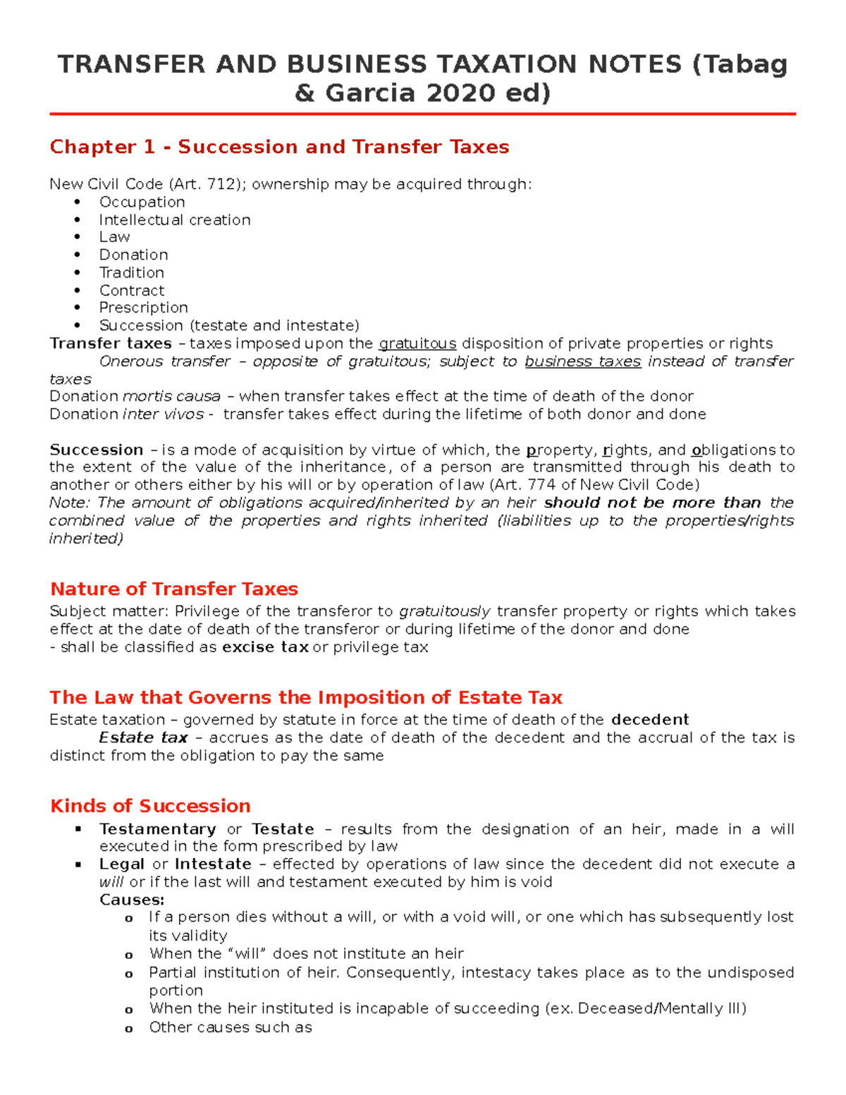 Chapter 1: Succession & Transfer Taxes - Taxation Notes (Tabag & Garcia ...